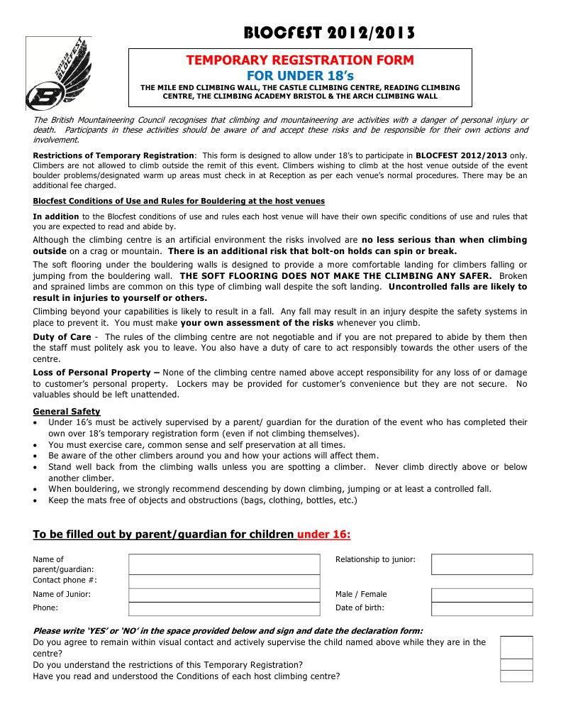 Blocfest Temporary Registration Form UNDER 18 | PDF | Social ...