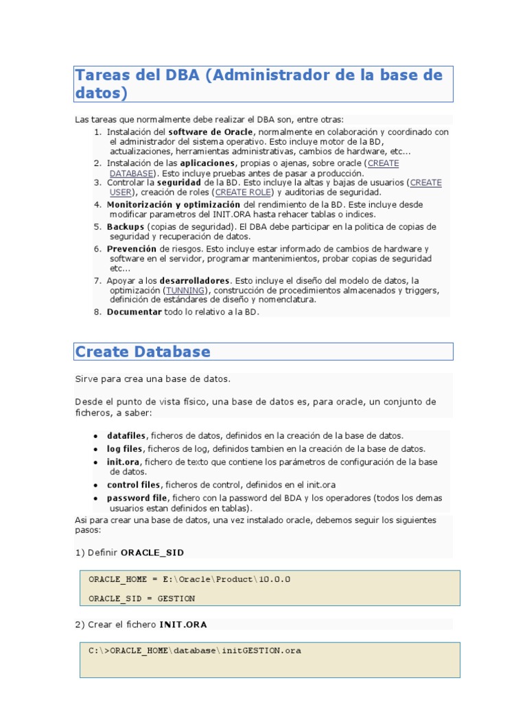 Tareas Del DBA para Un Famoso Gestor de Bases de Datos Relacional | PDF | SQL | Apoyo