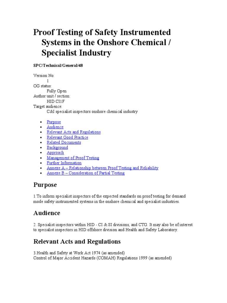 Proof Testing Of Safety Instrumented Systems In The Onshore Chemical