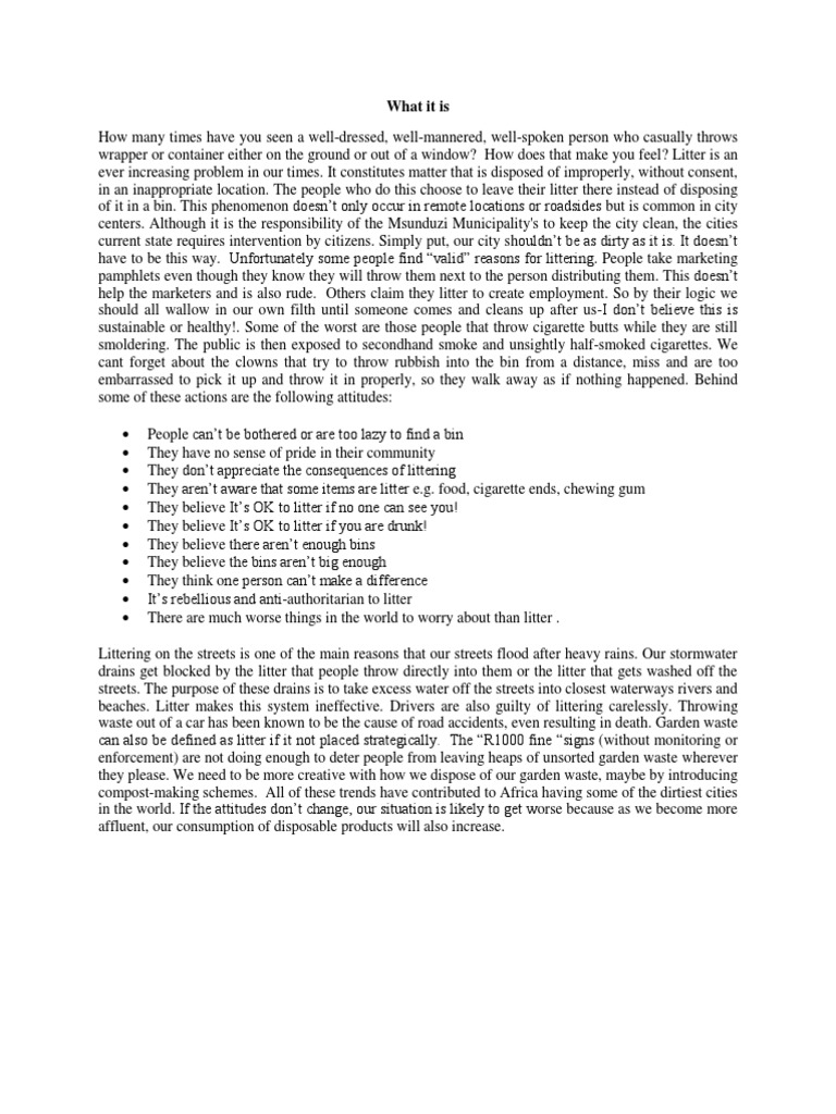 Litter Essay | PDF | Reuse | Recycling
