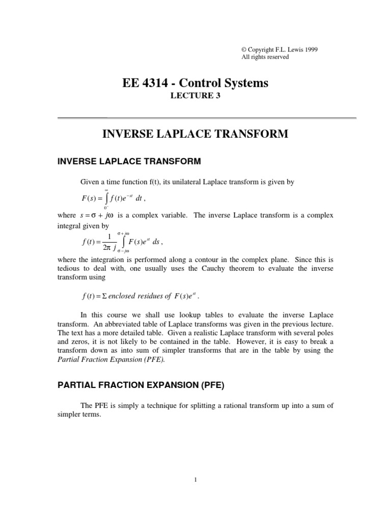 EE 4314 - Control Systems: Inverse Laplace Transform | PDF | Laplace ...