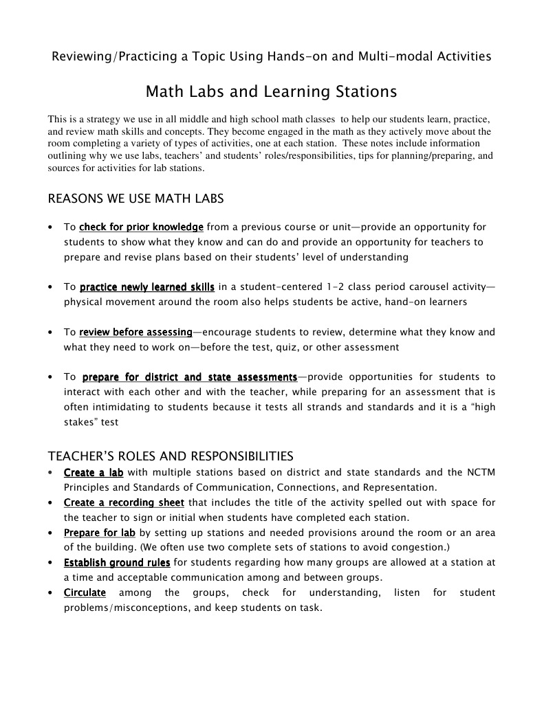 Math Labs Intro | PDF | National Council Of Teachers Of Mathematics ...