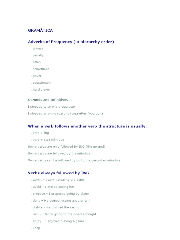 Gramática Adverbs of Frequency (In Hierarchy Order) : Gerunds and ...