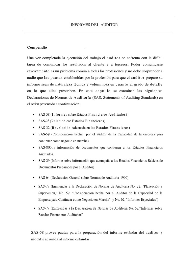 Informe Del Auditor Sas | PDF | Auditoría financiera | Contralor
