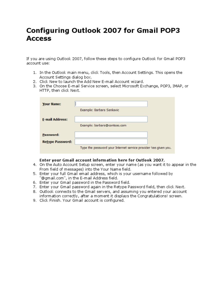 Configure Outlook 2007 for Gmail POP3 | PDF | Microsoft Outlook | Gmail