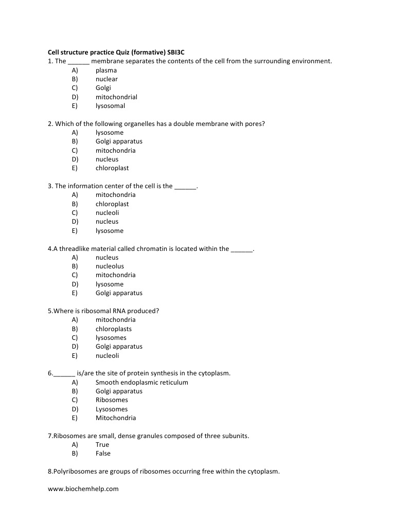 Cell Structure Practice Quiz | PDF | Endoplasmic Reticulum | Cell Nucleus