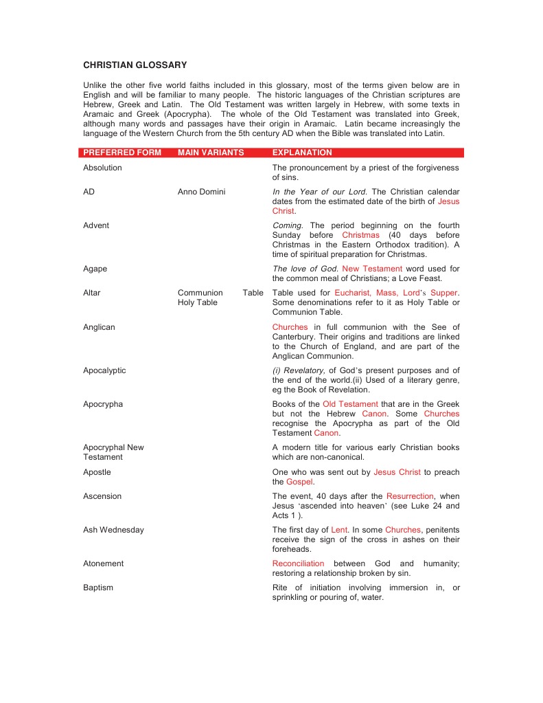 Christian Glossary: Preferred Form Main Variants Explanation | Download ...