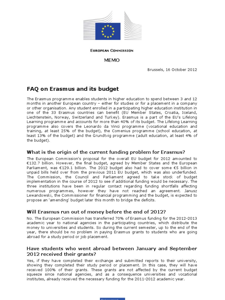 FAQ On Erasmus and Its Budget: Uropean Ommission | PDF | Euro ...