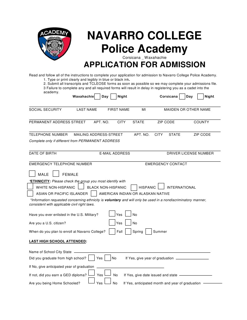 Navarro College Police Academy Admission Form | PDF | Race And ...
