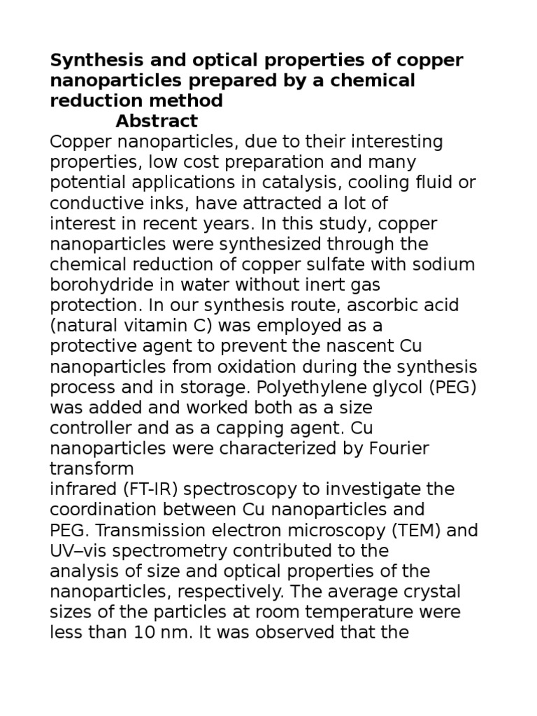 Synthesis and Optical Properties of Copper Nanoparticles Prepared by A ...