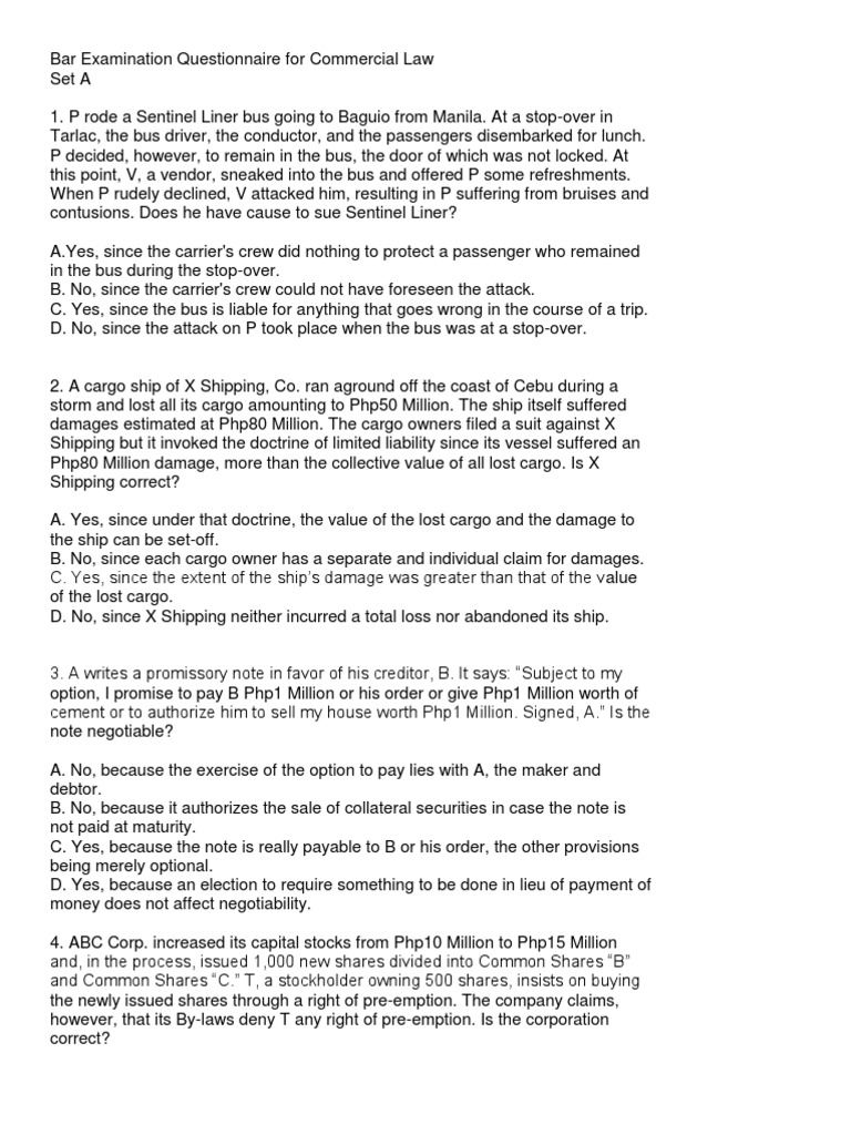 Bar Examination Questionnaire For Commercial Law | Negotiable ...