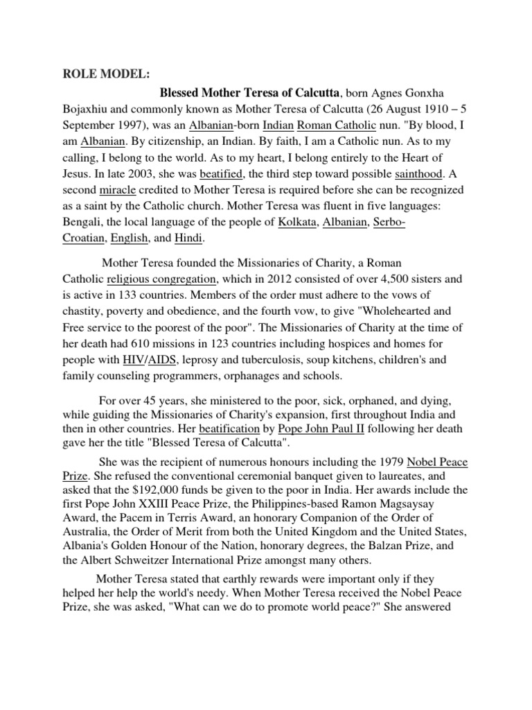 Role Model | PDF | Mother Teresa | Catholic Church