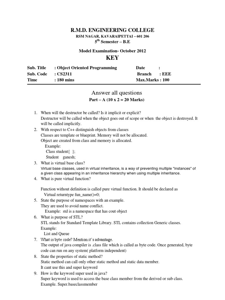 Cs2311 Oops Model Exam QP-KEY (EEE) | PDF | Class (Computer Programming ... Cs2311 Oops Model Exam QP-KEY (EEE) | PDF | Class (Computer Programming ...