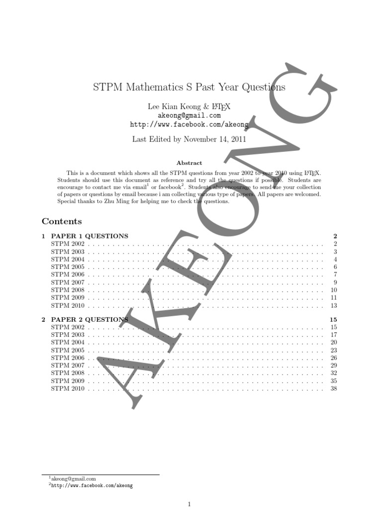 STPM Mathematics Past Year Questions | PDF | Mean | Factorization