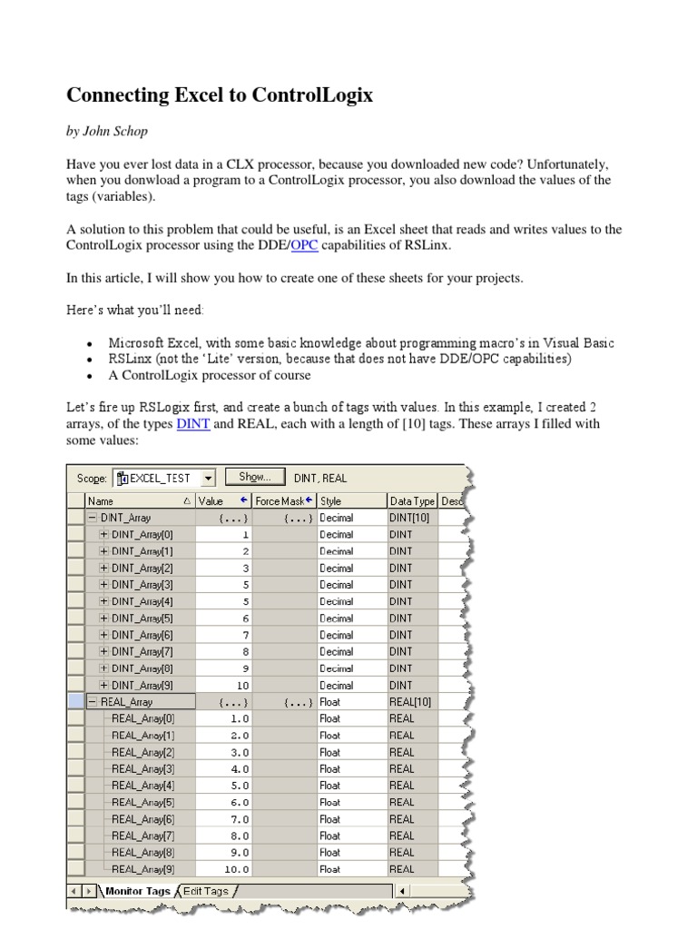 Connecting Excel To Controllogix Pdf Microsoft Excel Computer Science 