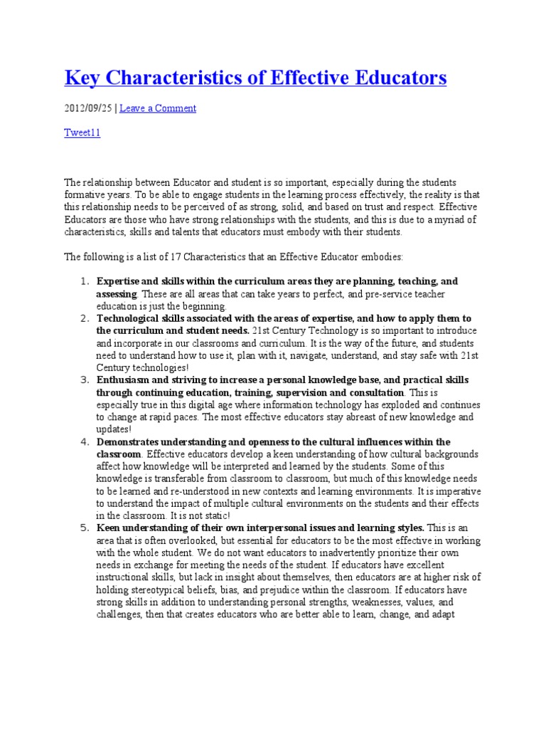 Key Characteristics of Effective Educators | PDF | Teachers | Learning ...