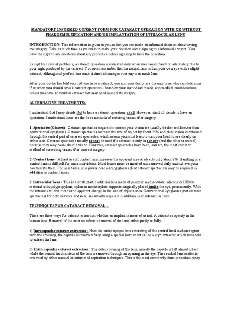 Cataract Consent Form | Download Free PDF | Cataract | Glasses