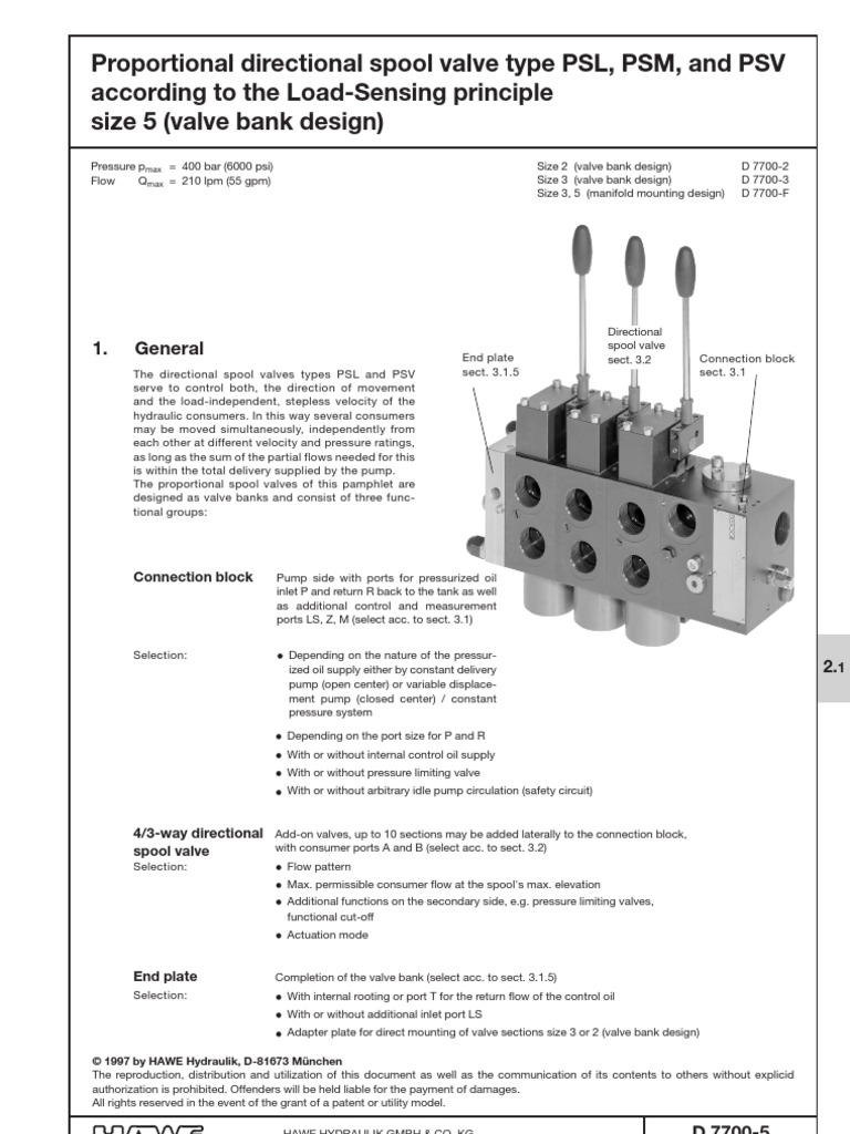 Hawe Prop Dir Spool Valve PSL, PSM, PSV | PDF | Valve | Pump