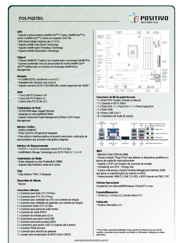 Placa-mãe Micro-ATX Positivo POS-PIQ57BQ com chipset Intel Q57, suporte ...