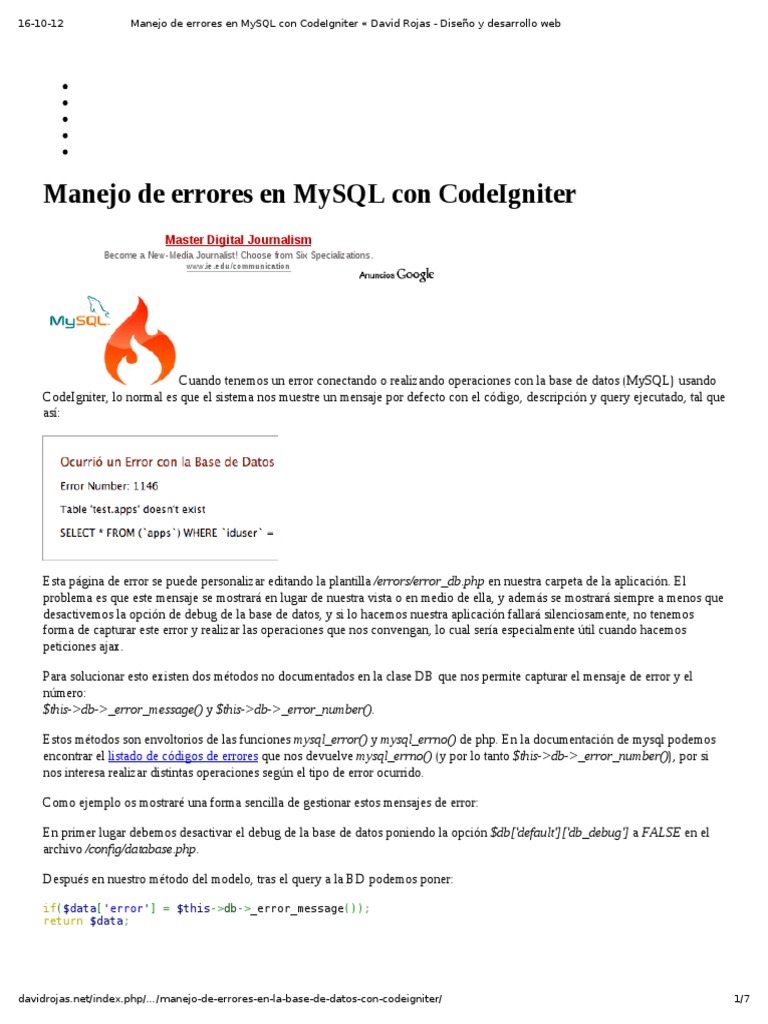 Manejo de Errores en MySQL Con CodeIgniter David Rojas - Diseño y Desarrollo Web | PDF | Mi sql ...