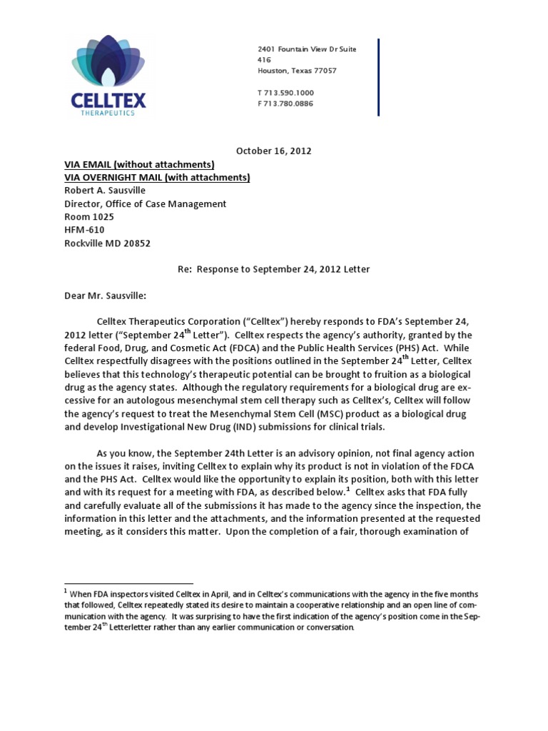 2012-10-16 - REDACTED Celltex Response To FDA September 24 Letter | PDF ...