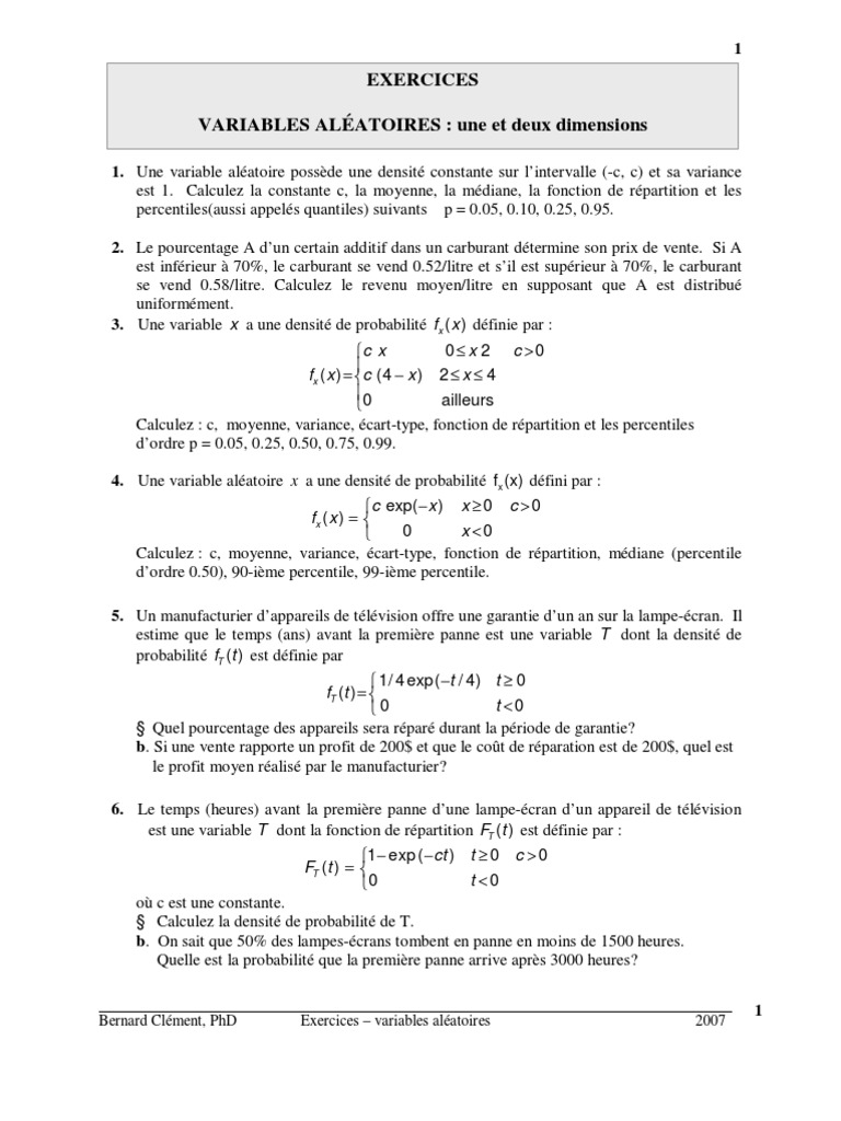 Exercices Variables Aleatoires | PDF | Écart type | Loi de probabilité