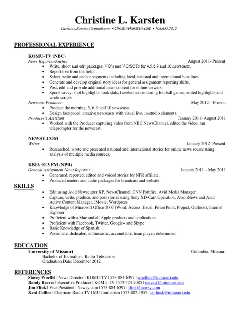 Christine Karsten Resume | PDF | News Broadcasting | Journalism