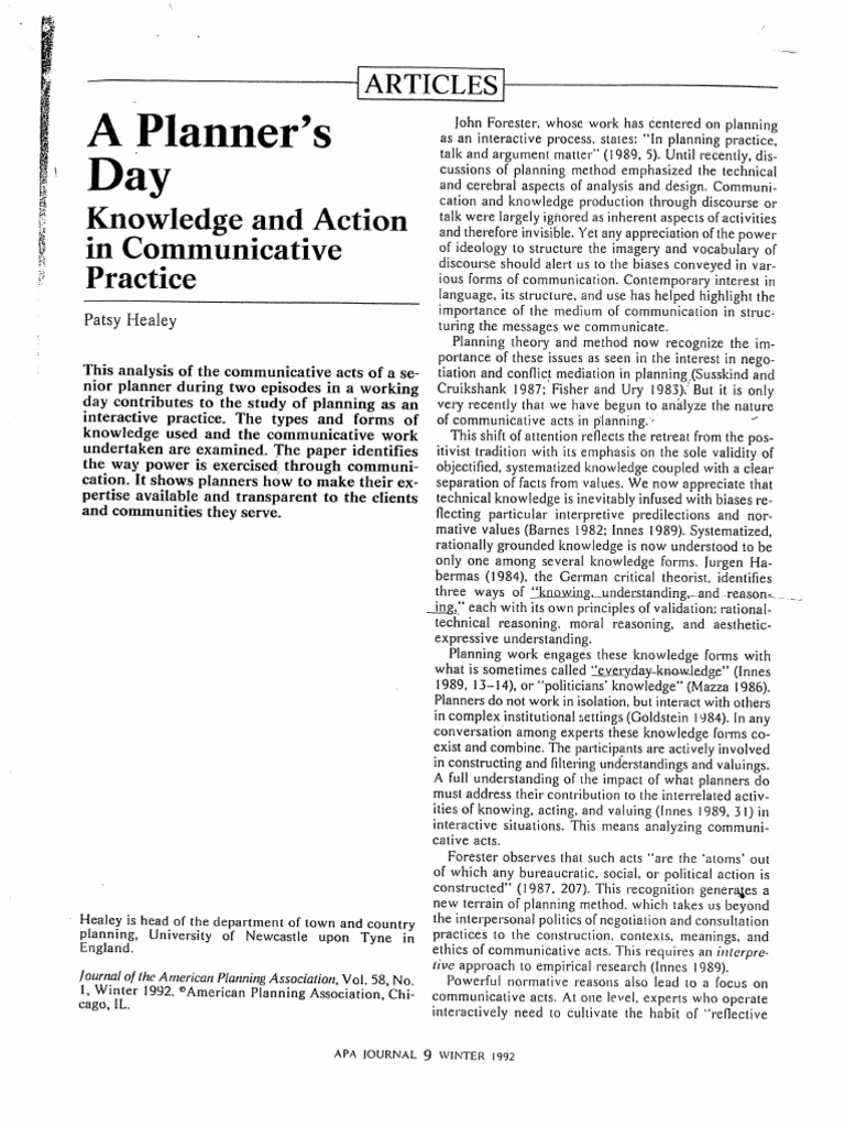 Patsy Healey, 1992, A Planner's Day. Knowledge and Action in ...