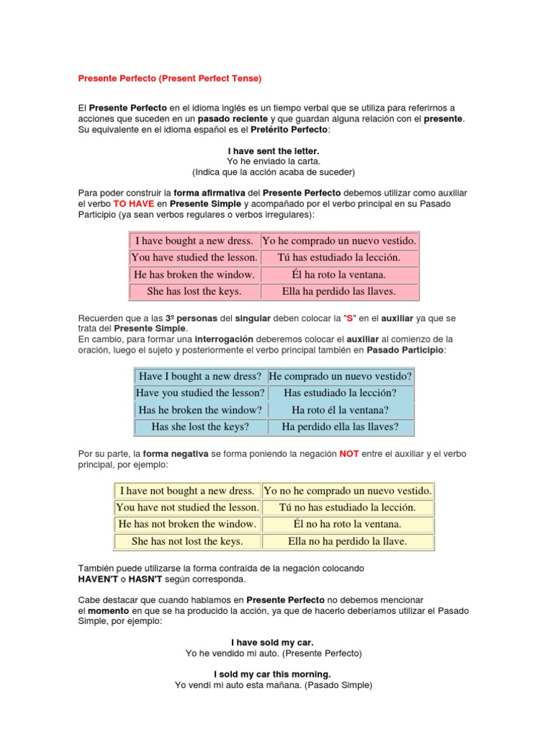 Presente y Pasado Perfecto | PDF | Verbo | Reglas