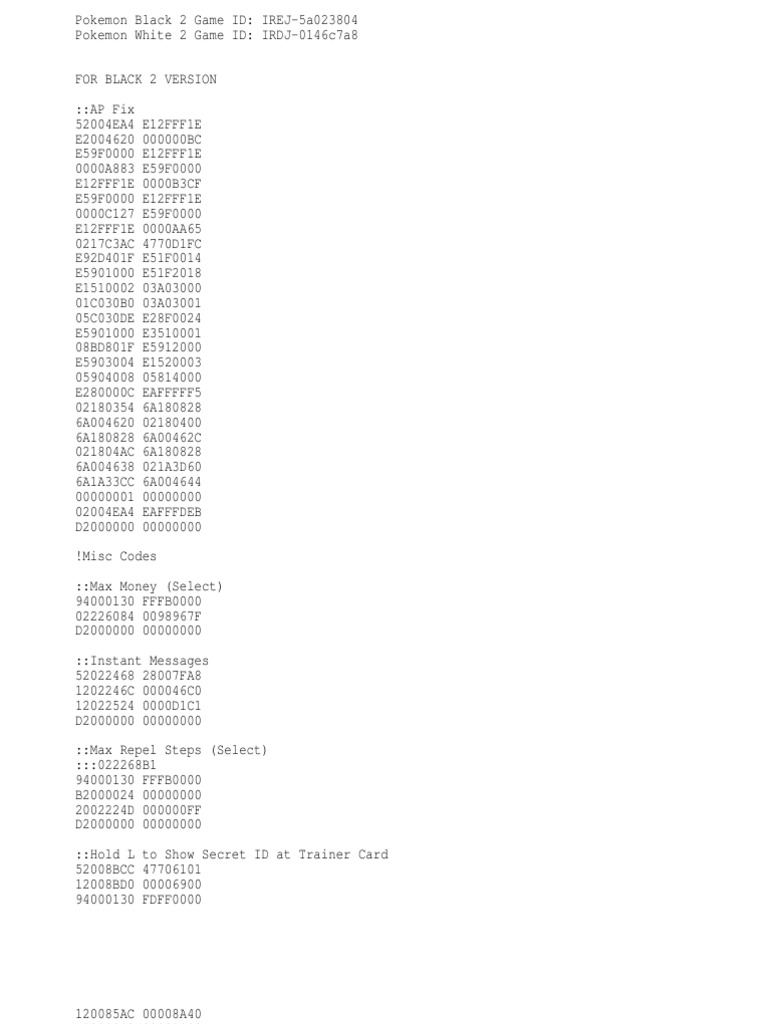 Pokemon Black 2 and White 2 Ar Codes | PDF | Home & Garden