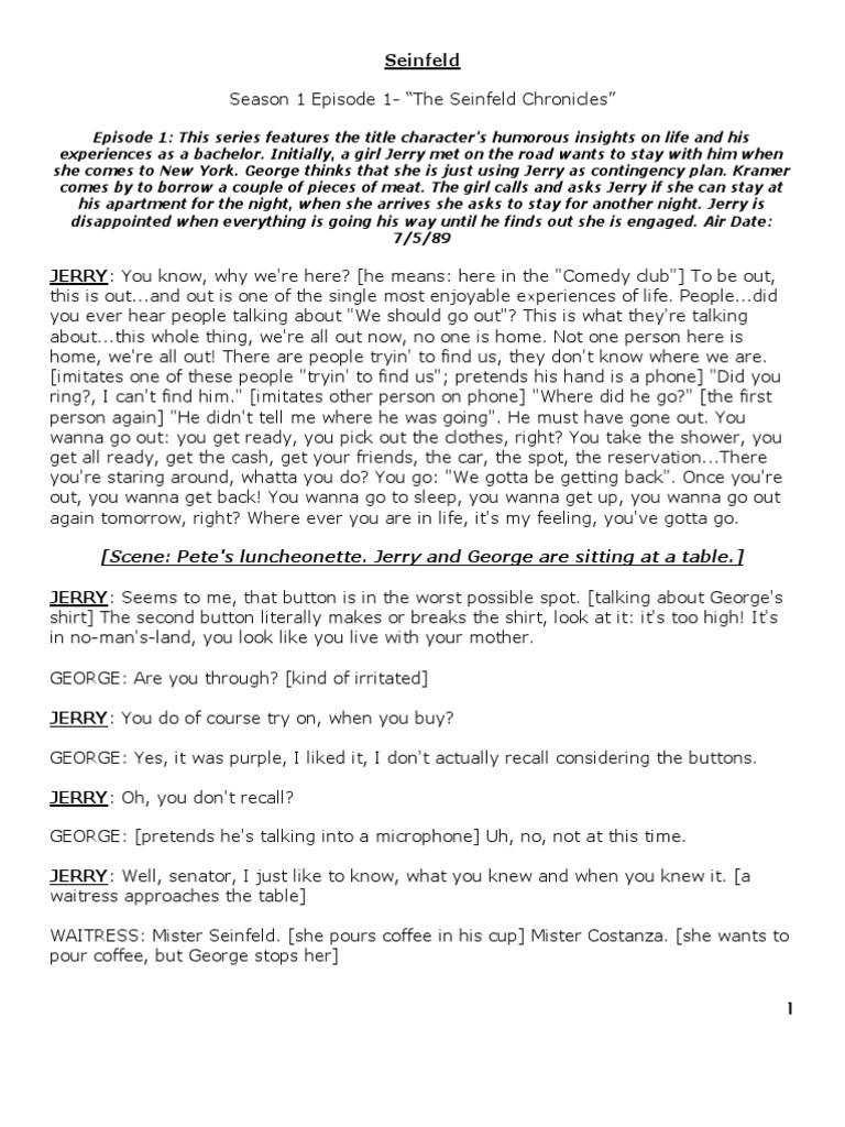 Seinfeld S01E01 The Pilot (Script) | PDF | Seinfeld