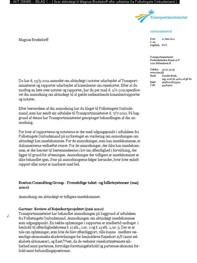 DEL 1 af 2 - Svar på anmodning om aktindsigt i rejsekortet til Magnus Bredsdorff | PDF
