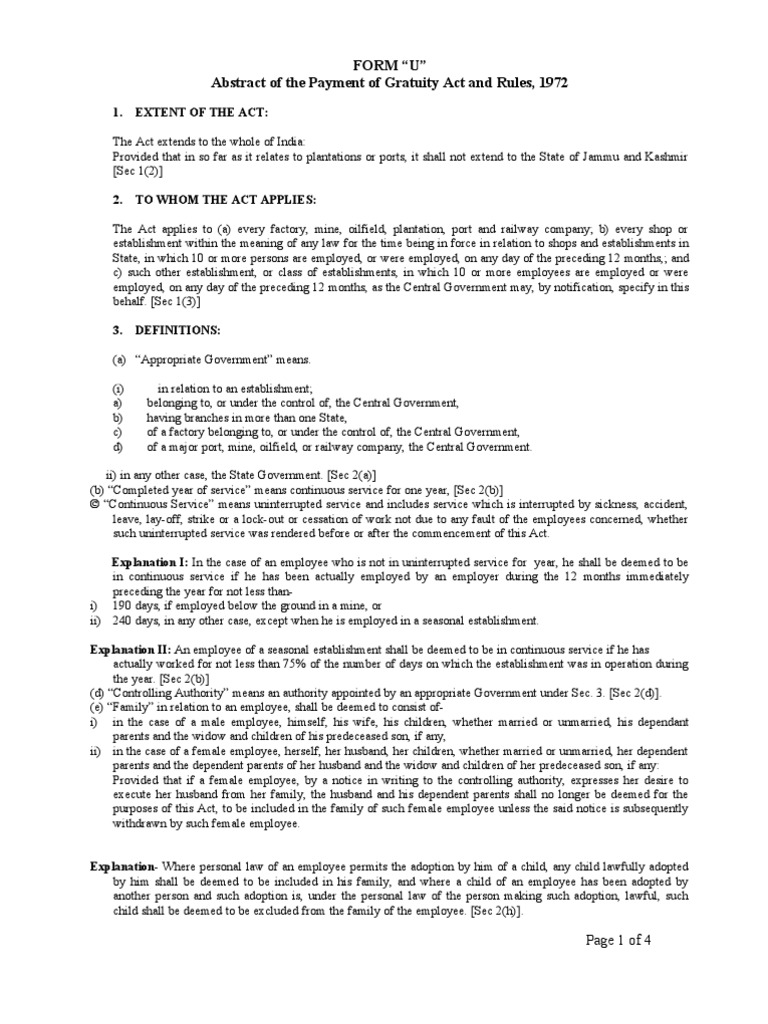 Abstract of Payment of Gratuity Act & Rules, 1972, Form U | Fine ...