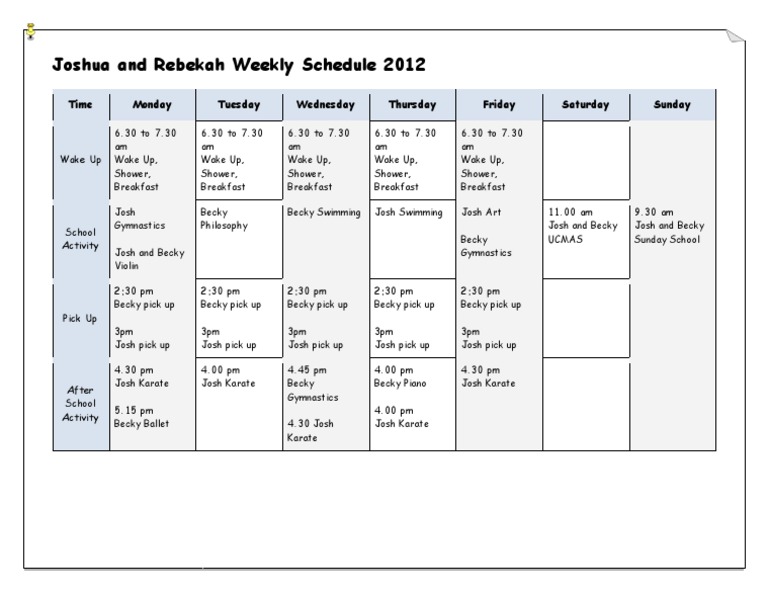 Joshua and Rebekah's 2012 Weekly Schedule | PDF
