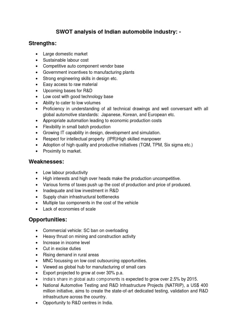Swot Analysis of Indian Automobile Industry - Ritesh | PDF | Economic ...