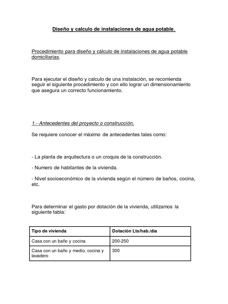 Diseño y Calculo de Instalaciones de Agua Potable | PDF | Dibujo ...
