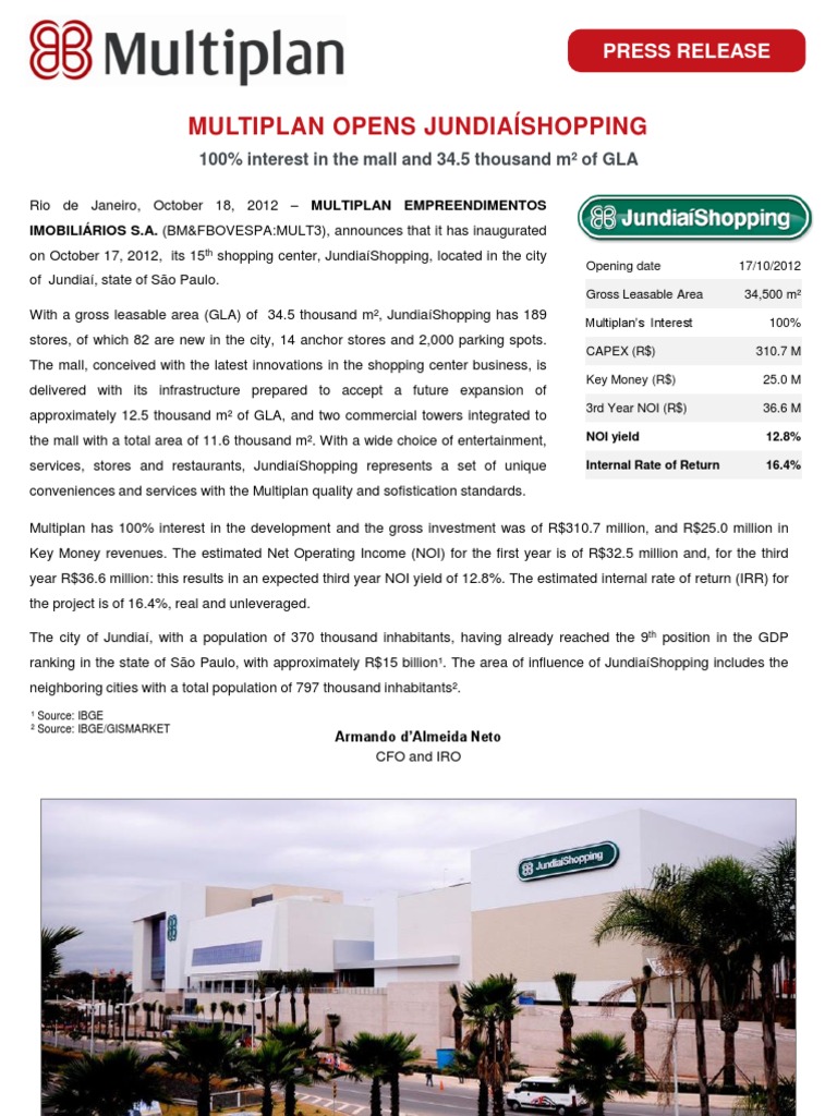 Multiplan Opens Jundia | PDF | Internal Rate Of Return | Shopping Mall