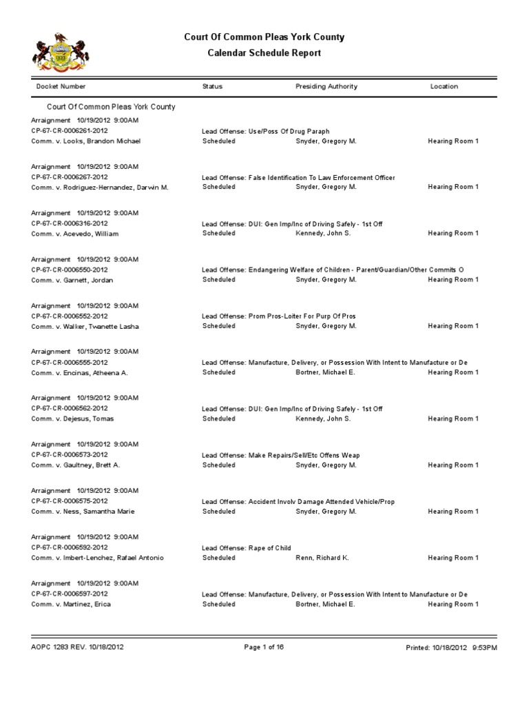 York County Court Arraignment Schedule | PDF | Driving Under The ...