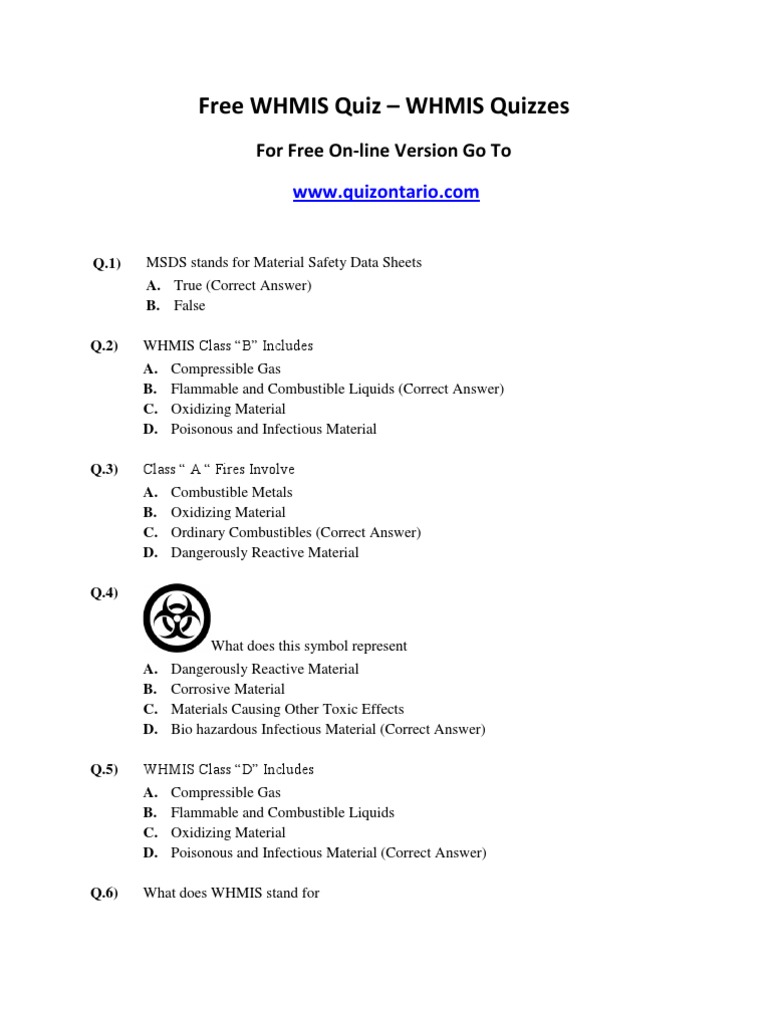 Free WHMIS Quiz - WHMIS Quizzes | PDF | Dangerous Goods | Hazards