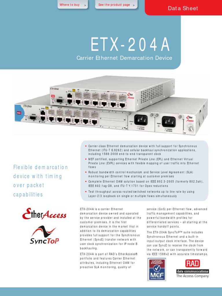 RAD ETX-204A Carrier Ethernet Demarcation Device Data Sheet | Download ...
