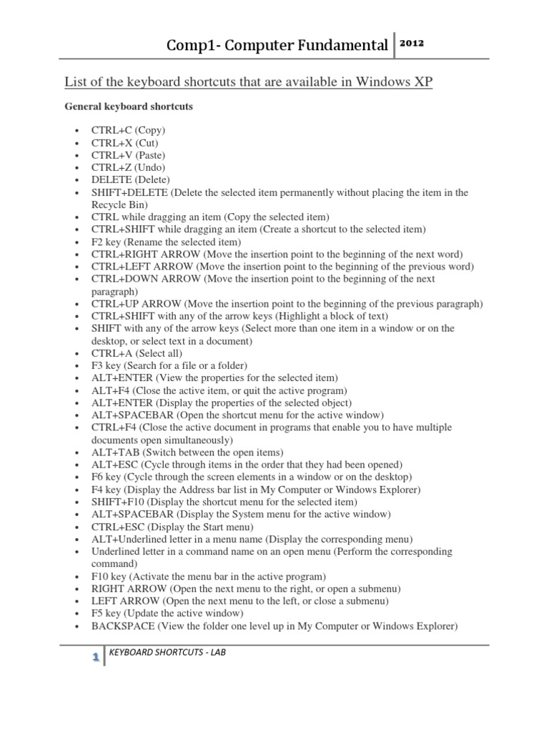 Comp1-Computer Fundamental: List of The Keyboard Shortcuts That Are Available in Windows XP ...