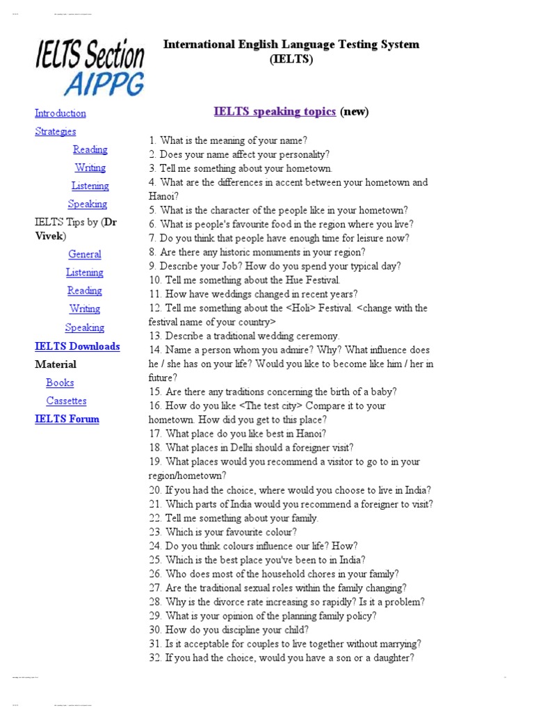 Ielts Speaking Topics - Questions Asked in Oral Speech Exam | PDF ...