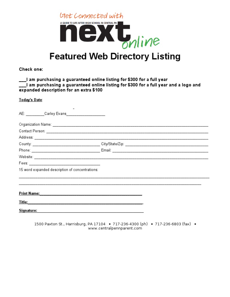 NEXT Online Directory Form | PDF