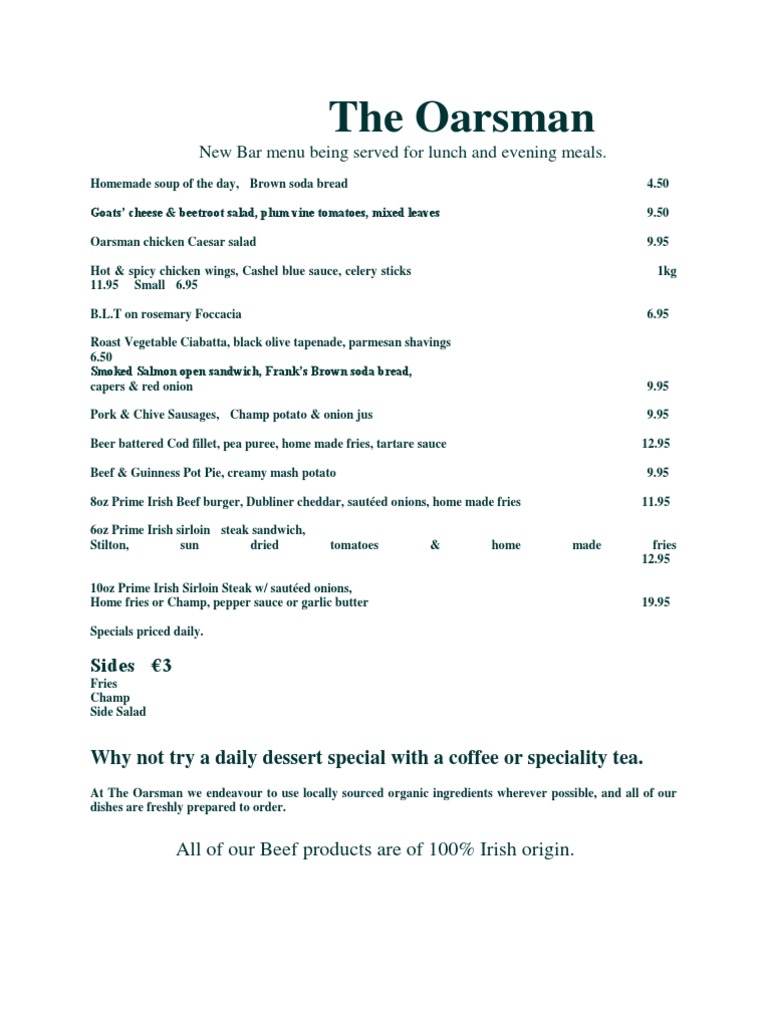 Oarsman Bar Menu: Lunch & Dinner Options | PDF