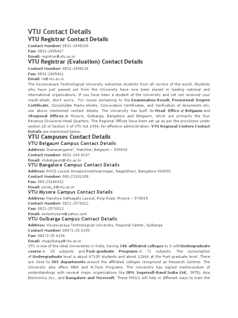 VTU Registrar Contact Details | PDF