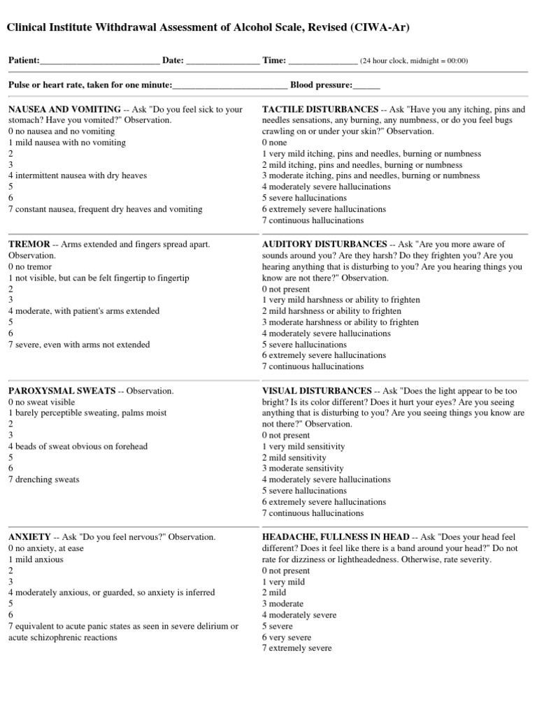 CIWA-Ar F11 | PDF | Hallucination | Nausea