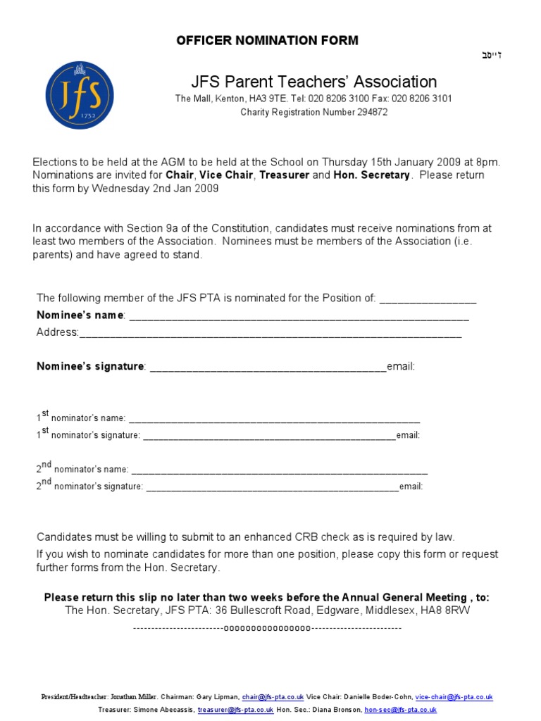 JFS PTA Officer Nomination Form | PDF