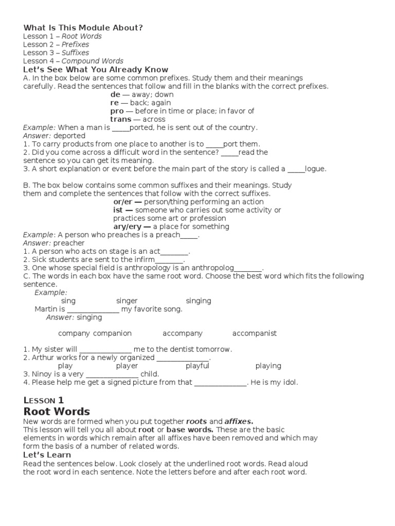 Module About Root Words Prefixes COMPOUND WORDS | PDF | Word | Onomastics