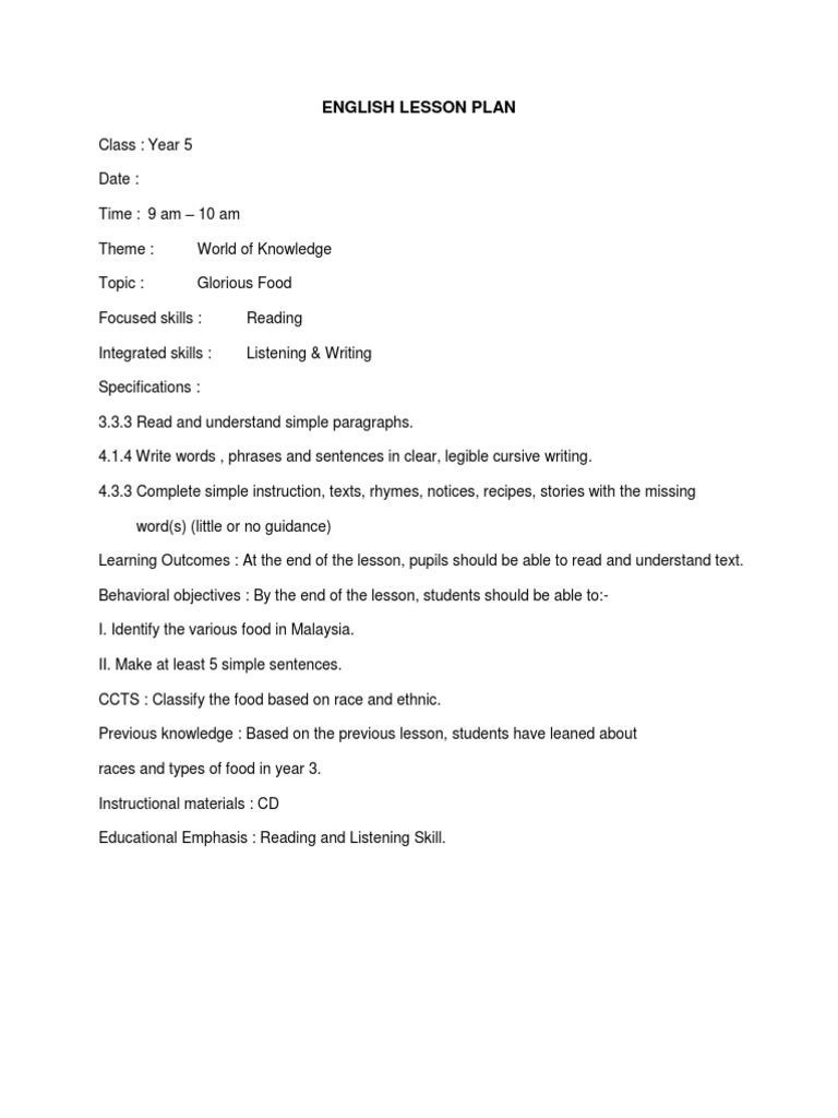 English Lesson Plan 4 Reading | PDF | Southeast Asian Cuisine | Lesson Plan