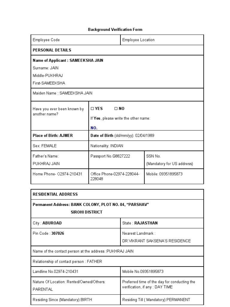 BGV Form | PDF | Telephone Number | Employment
